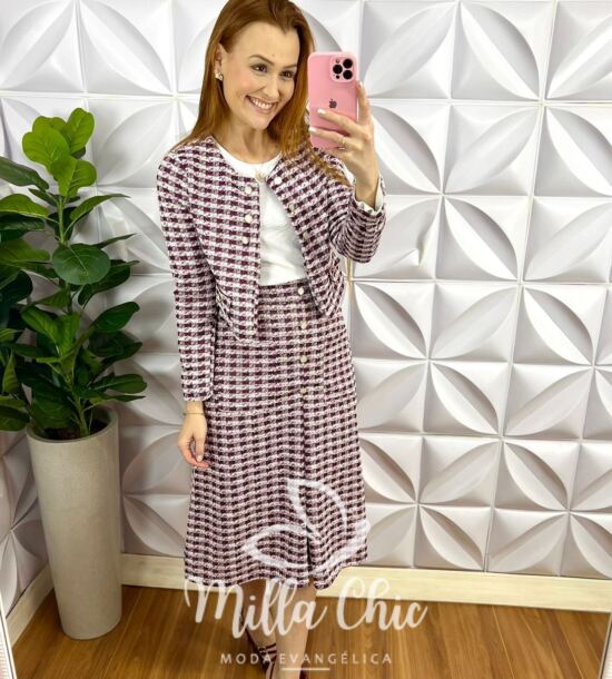 Conjunto Tweed Com Casaco e Saia Evase Elena - Cherry - Milla Chic