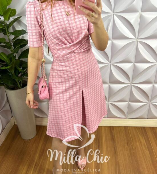 Vestido Jaccar Com Torção No Busto Lanna - Rosa - Milla Chic