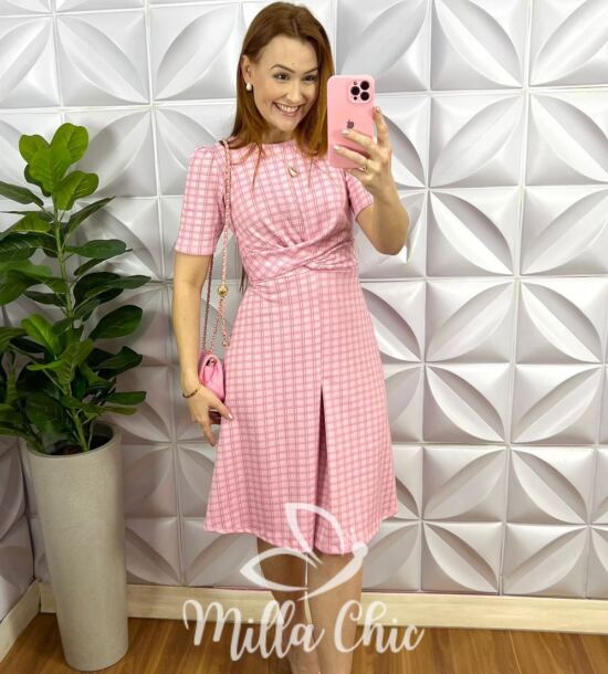 Vestido Jaccar Com Torção No Busto Lanna - Rosa - Milla Chic