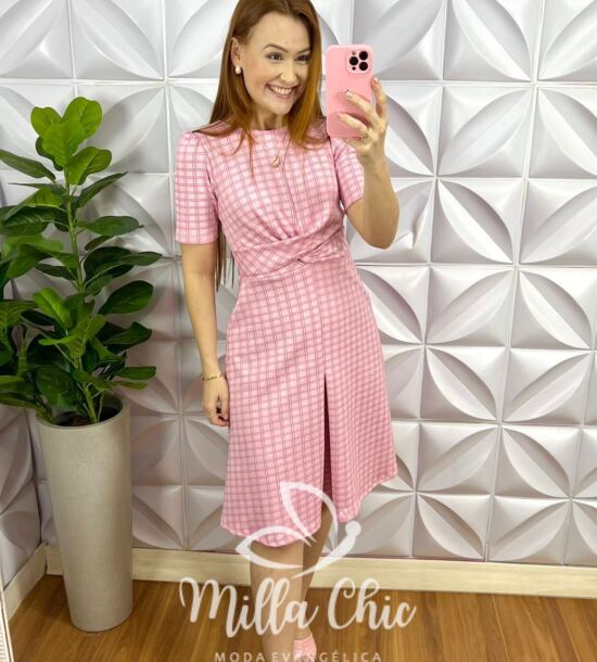 Vestido Jaccar Com Torção No Busto Lanna - Rosa - Milla Chic