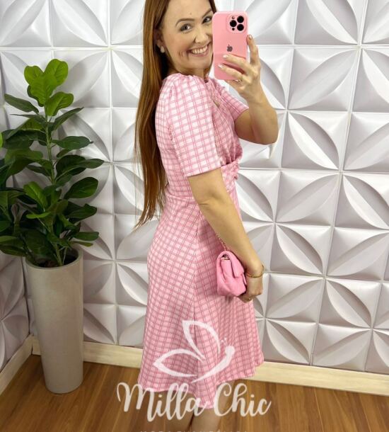 Vestido Jaccar Com Torção No Busto Lanna - Rosa - Milla Chic