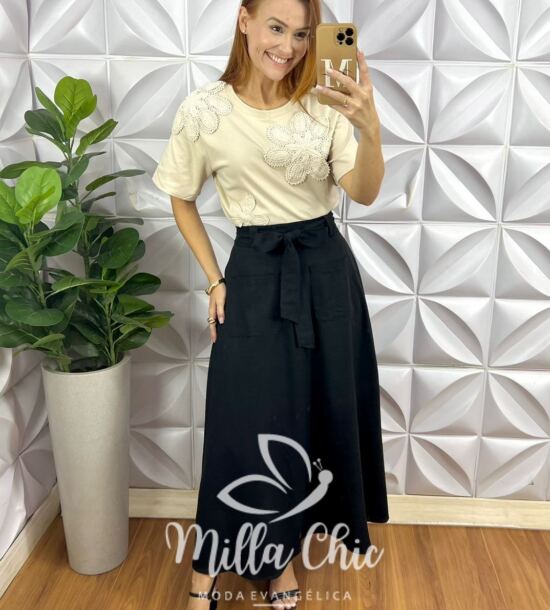 Saia Em Linho Monalisa Preta - Milla Chic