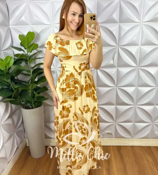Vestido longo Ruth em Viscolinho Estampado - Areia - Milla Chic