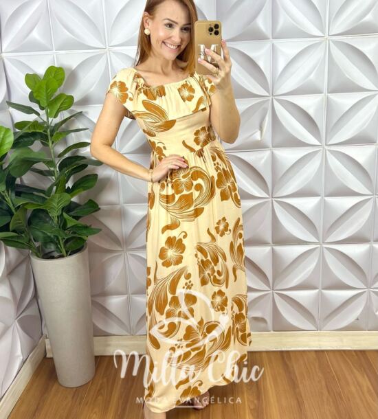 Vestido longo Ruth em Viscolinho Estampado - Areia - Milla Chic