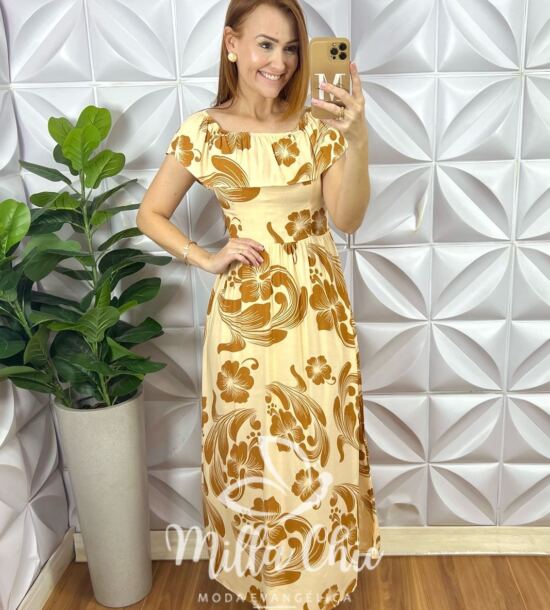 Vestido longo Ruth em Viscolinho Estampado - Areia - Milla Chic