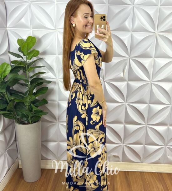 Vestido longo Ruth em Viscolinho Estampado - Azul - Milla Chic