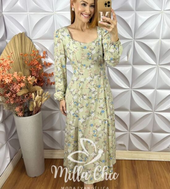 Vestido Frida Manga Longa Em Viscolinho - Verde - Milla Chic